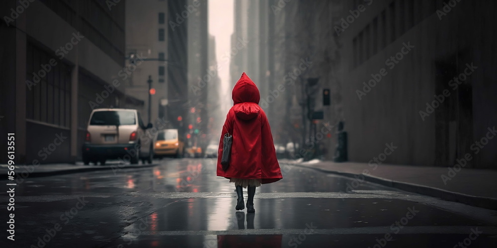 conte du petit chaperon rouge moderne dans une ville avec des immeubles ...