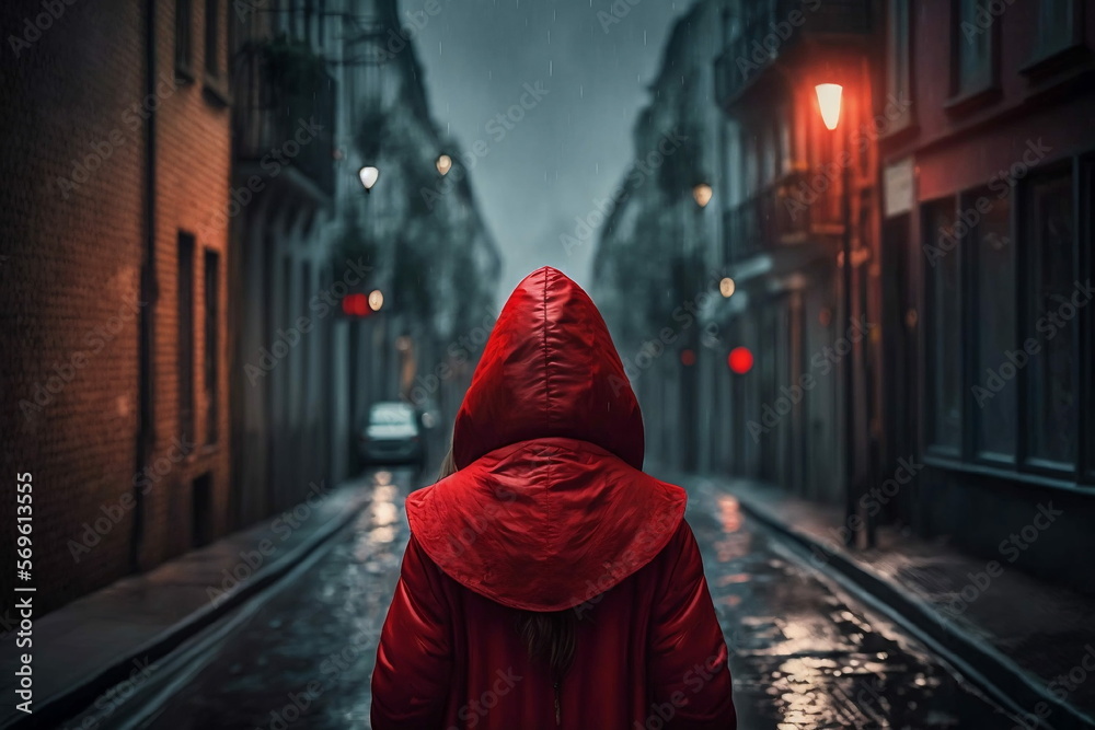 conte du petit chaperon rouge moderne dans une ville avec des immeubles ...