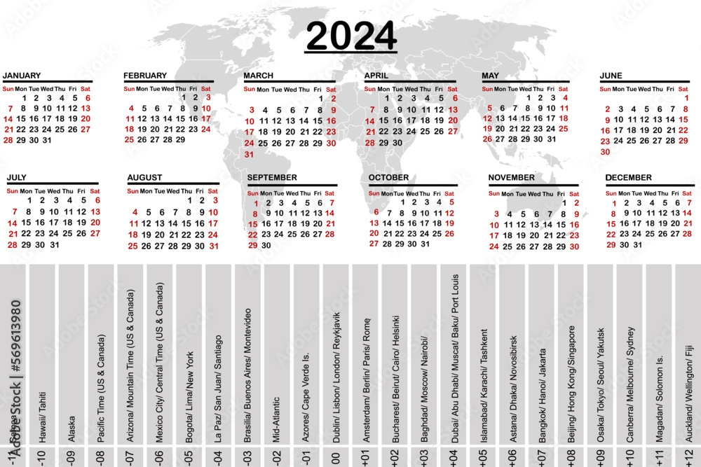 Vetor de 2024 calendar with world map and time zones do Stock | Adobe Stock