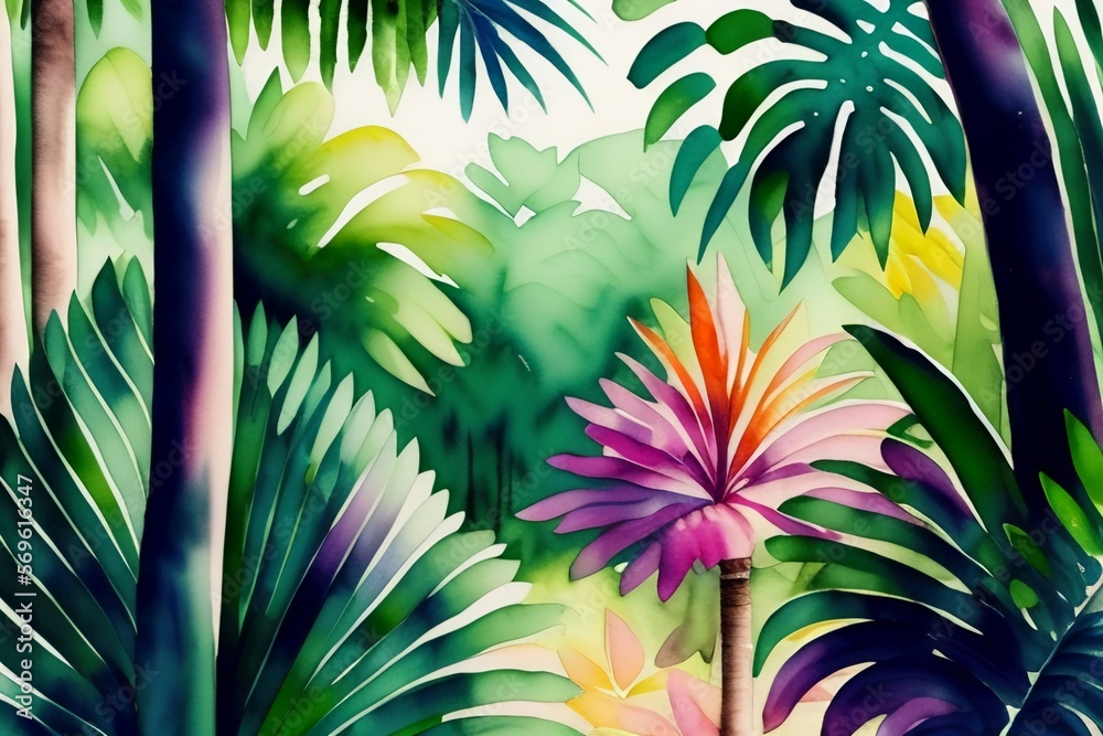 Watercolor landscape painting spring season concept and summer season ...