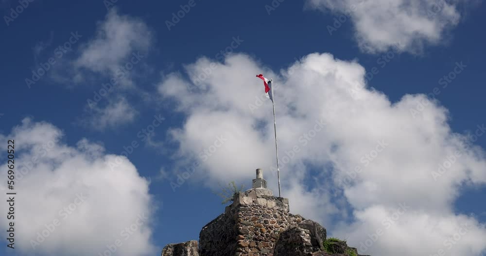 St Martin Marigot town Fort Louis French flag top ruins. Marigot ...