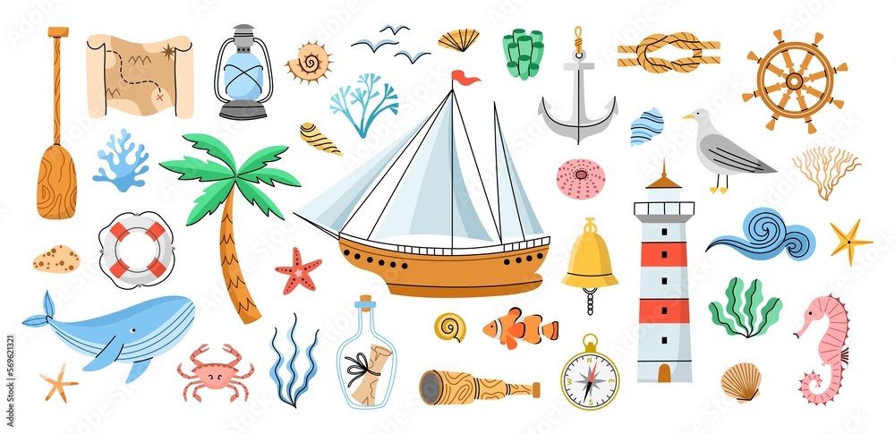 Cute sea and ocean elements. Underwater and coastal objects, marine ...