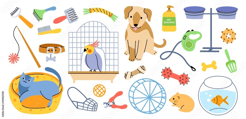 Cartoon pets care items. Domestic animals accessories and tools, cages ...