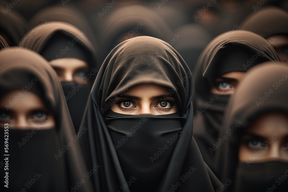 Crowd of young women in traditional Muslim hijab portrait close-up with ...