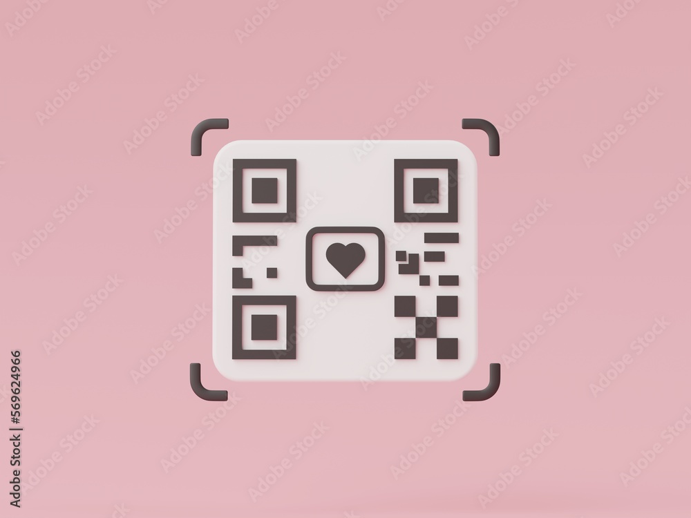 3D render, scanning QR code with heart bar, payment via QR code ...
