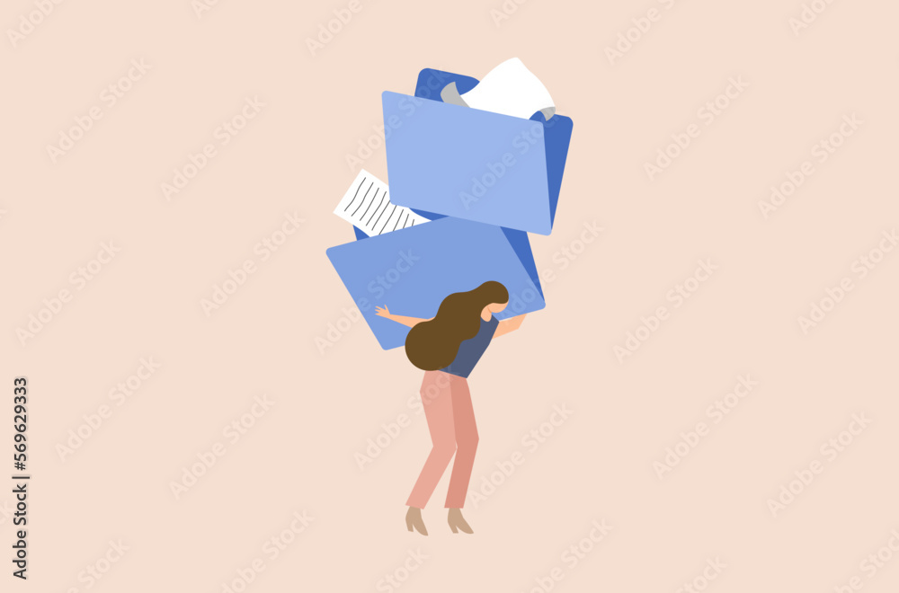 Flat design of busy office worker, businesswoman with overwhelmed work ...