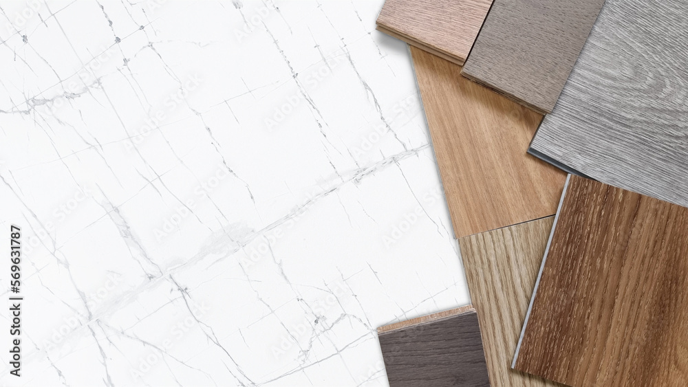 samples of interior material, wood, on white spider marble table with ...