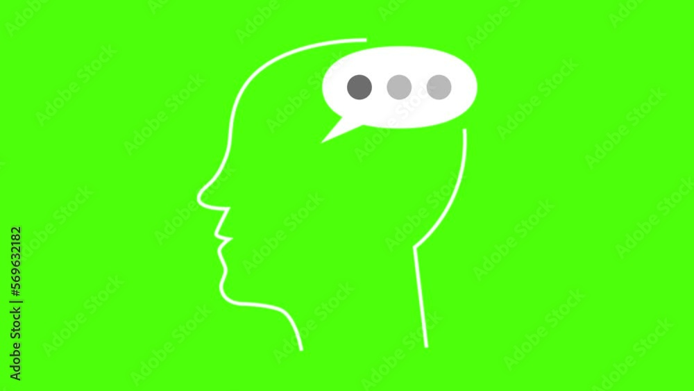 Profile of thinking man with white bubble with blinking grey dots on ...