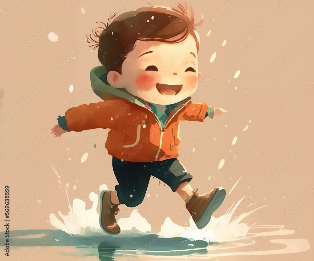 Cartoon boy jumping in puddles, ai Stock Illustration | Adobe Stock