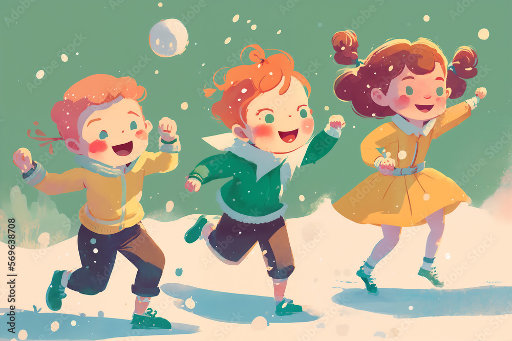 Cartoon kids playing snowballs, ai Stock Illustration | Adobe Stock
