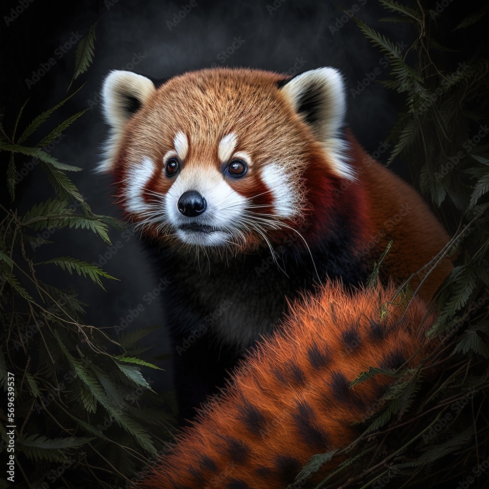 a painting of a red panda in a tree with a black background and green ...