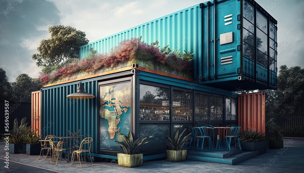 modern contemporary restaurant or cafe made from shipping container, Generative Ai Stock ...