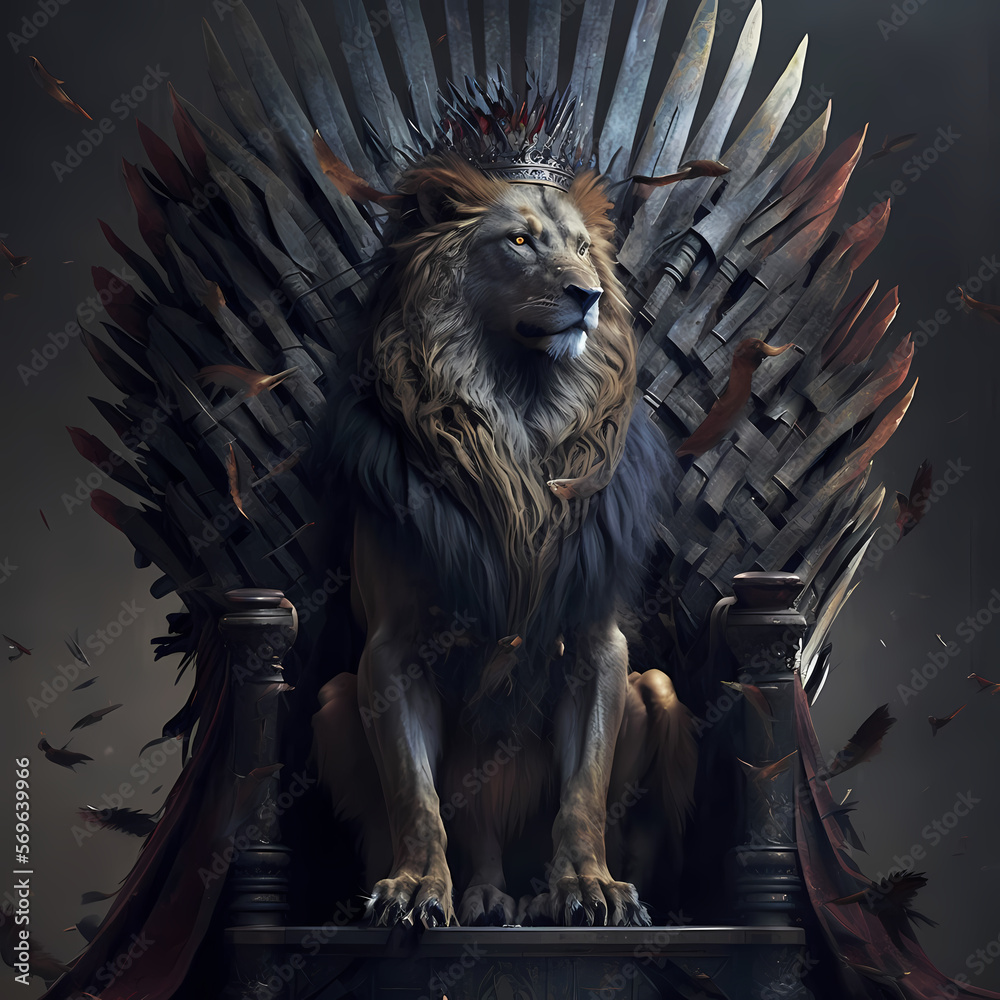 A mutant lion sitting on a throne with heightened senses, strength, or ...
