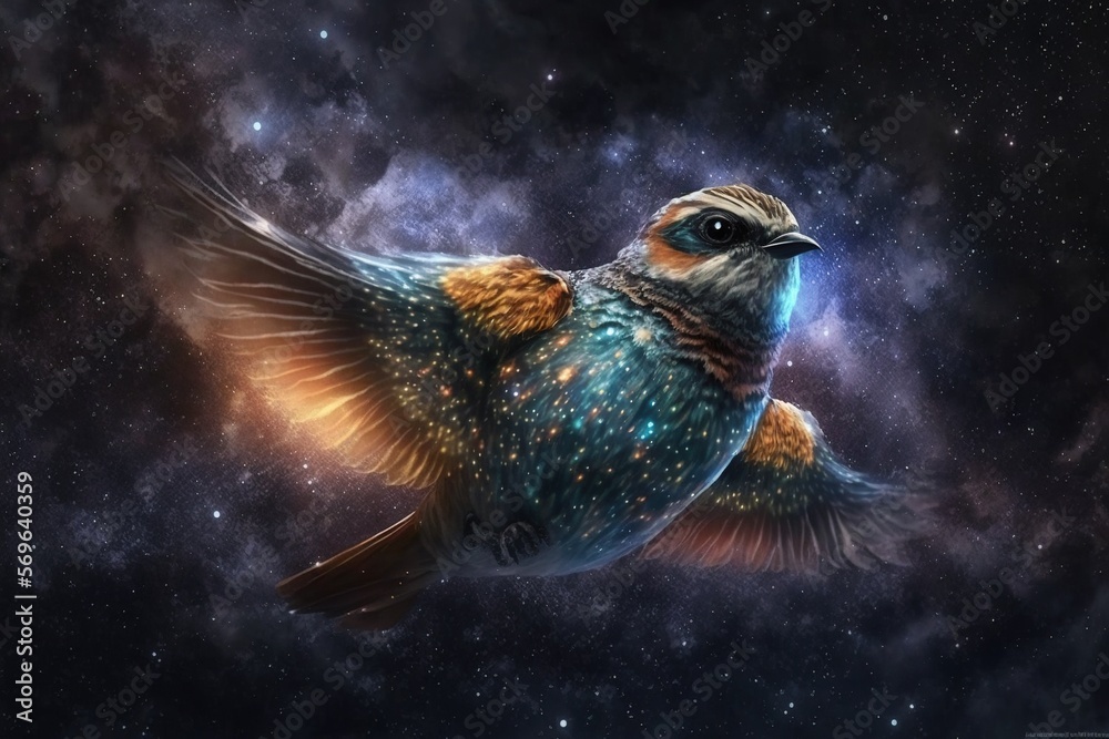 a bird flying through the air with stars in the sky behind it and a ...