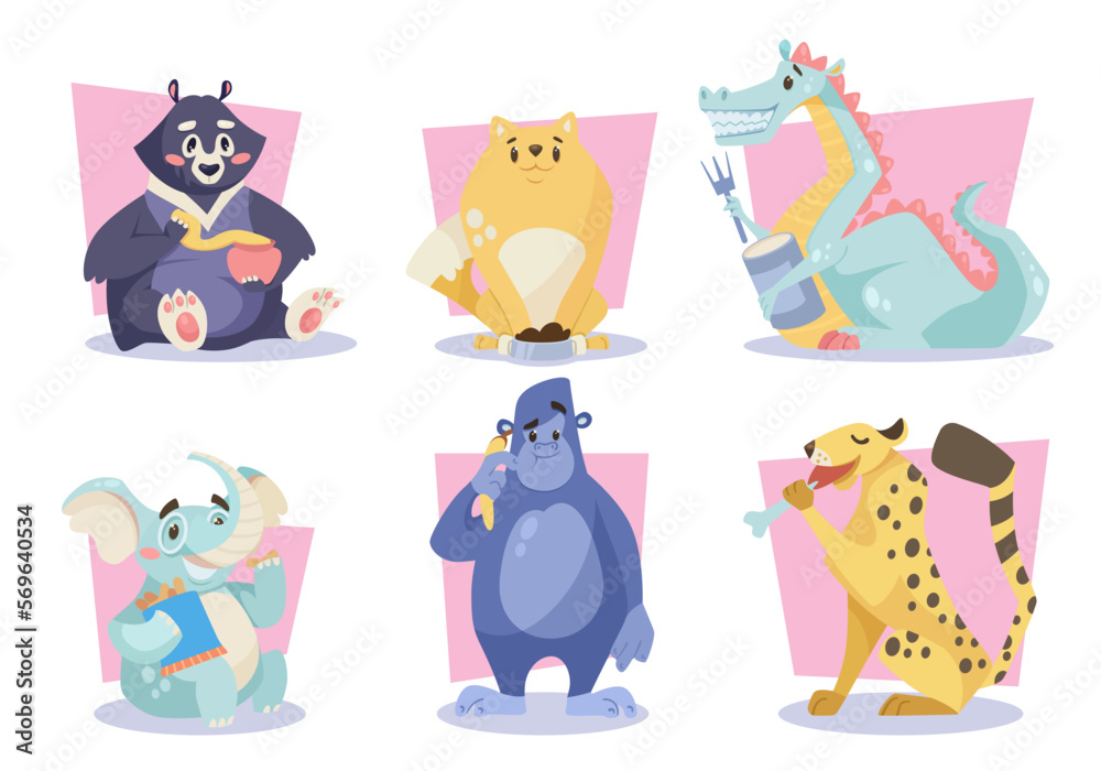 Comic wild animals eating food vector illustrations set. Drawings of ...