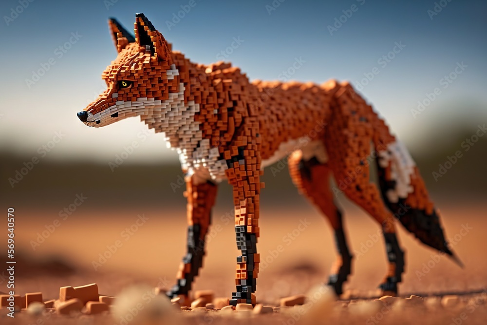 a blocks model of a fox standing on a desert floor with blocks of wood ...