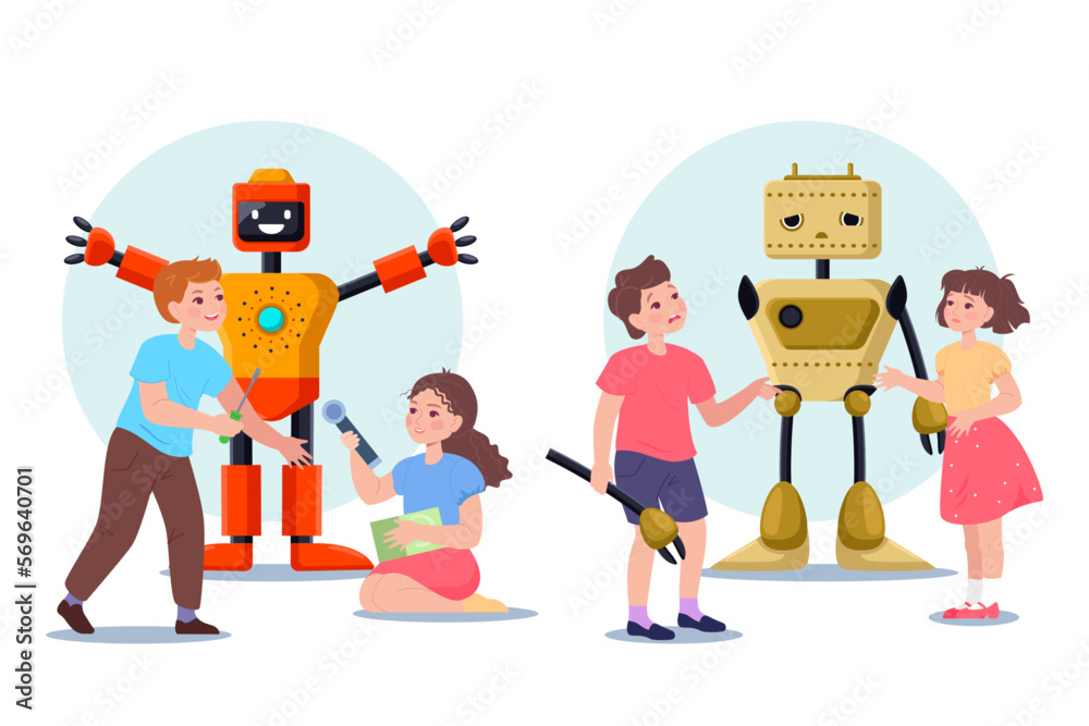 Cartoon boys and girls creating robots during competition. Children ...