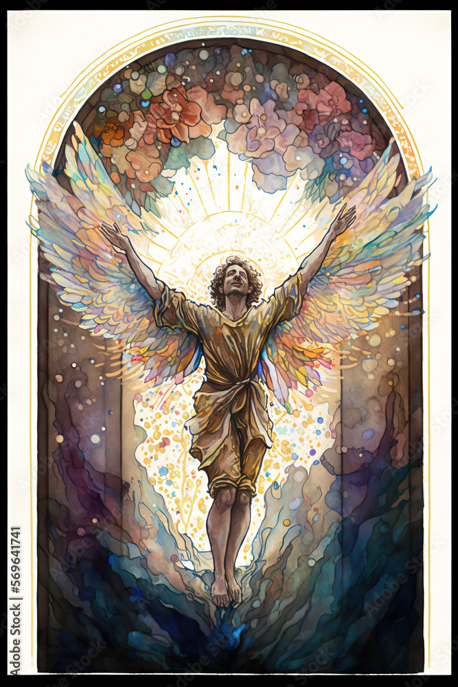 A colored angel's light shining through a window unveils the scene in a ...