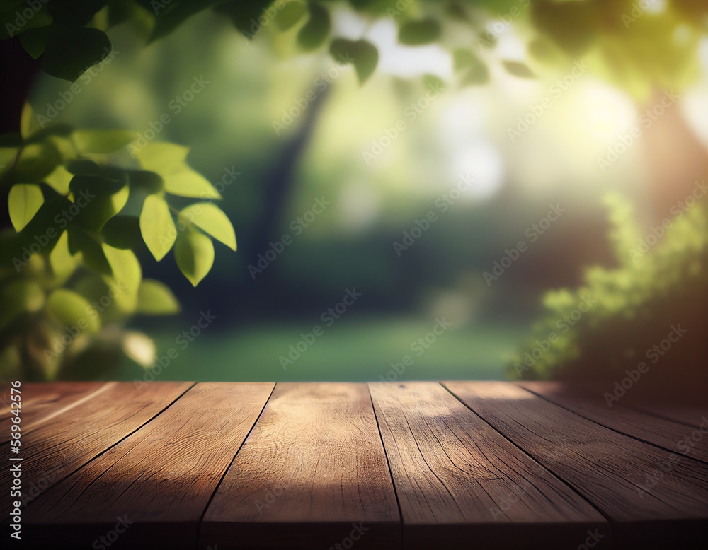 Empty wooden desk with blurry forest background. Frame product display ...
