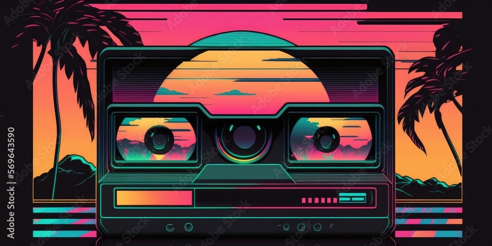 Old black VHS video tape illustration with a bright and vivid retro ...