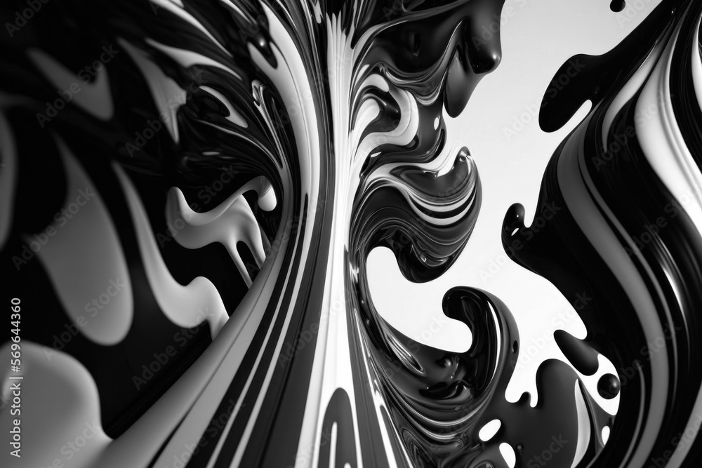 Abstract background of drops of black and white liquid in 3d style. AI ...