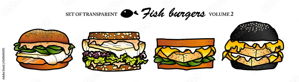 Cute hand drawn isolated color fish burgers on transparent background ...