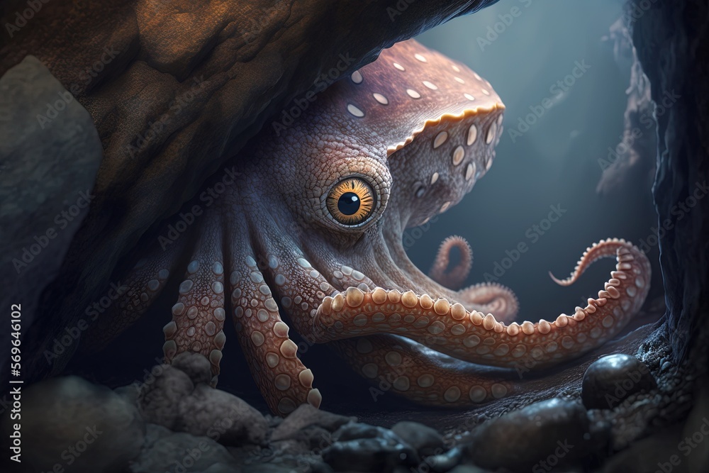 an octopus is hiding in a cave with its eyes open and it's head ...