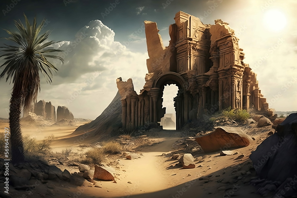 Ancient ruins in desert landscape, rpg, adventure, ruins. generative ai ...