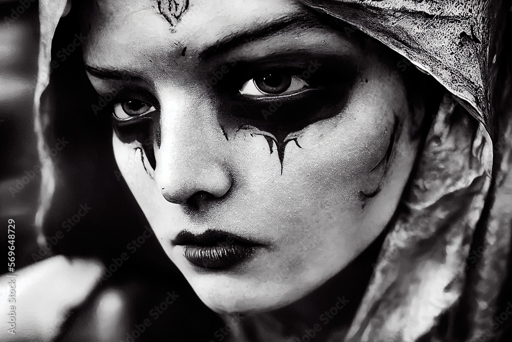 Mystical creepy woman with frightening makeup. Gothic mystery woman ...