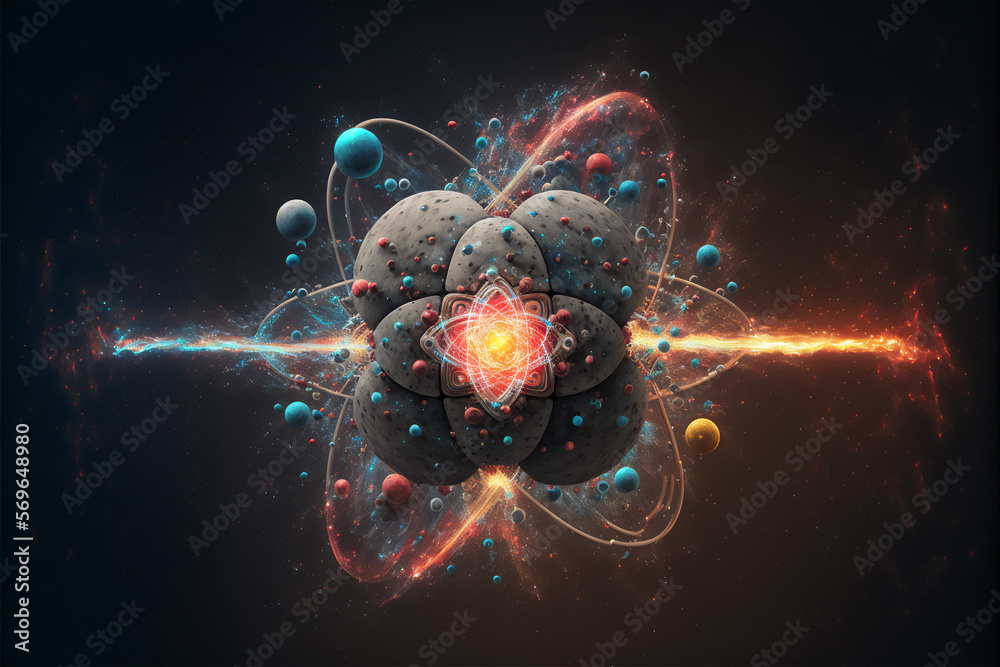 Abstract conceptual illustration of atom with electrons and protons ...