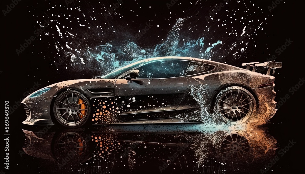 a car is shown with a splash of paint on it's body and wheels, and it's ...