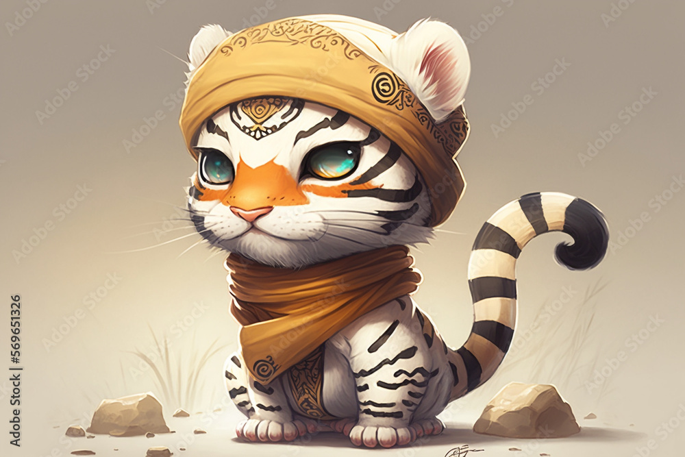 Concept Art: The Playful Chibi Tiger with a Turban Stock Illustration ...