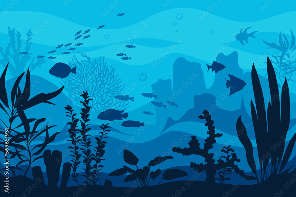Vector ocean world. Deep seascape with seaweeds, fish and corals ...
