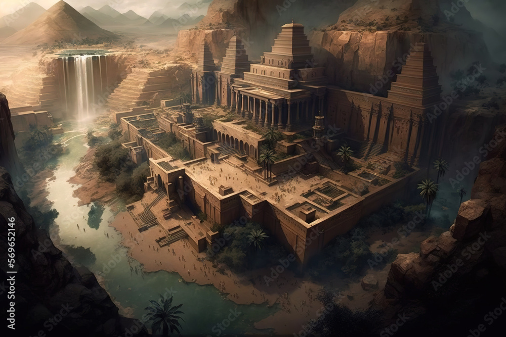 Aerial view of ancient egyptian pyramid with arches and river ...