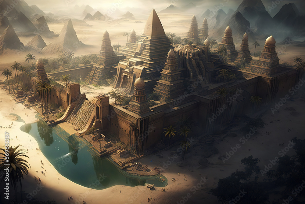 Aerial view of ancient egyptian pyramid with arches and river ...