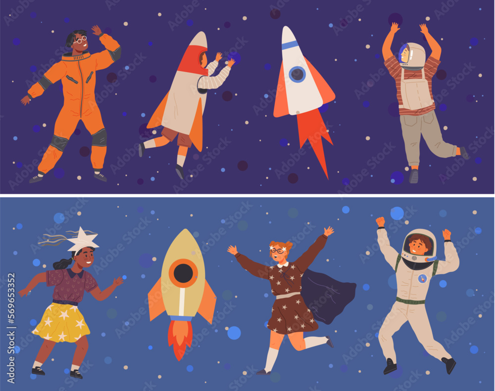 Set of happy people in different costumes for space party. Characters ...