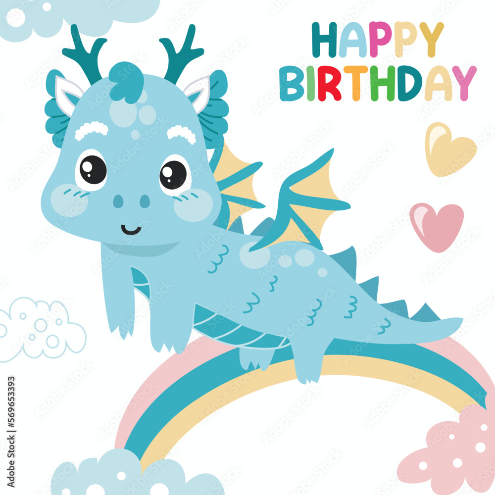 Colorful birthday card for children with a cute baby dragon theme ...