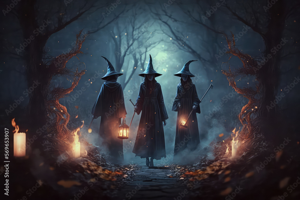 A gloomy dramatic background, witches in black cloaks perform a ritual in a dark gloomy forest ...