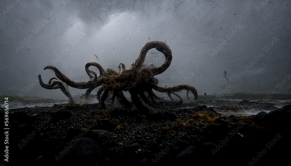 Horror, sea shore with giant octopus, fantasy image, nightmare, sunset ...