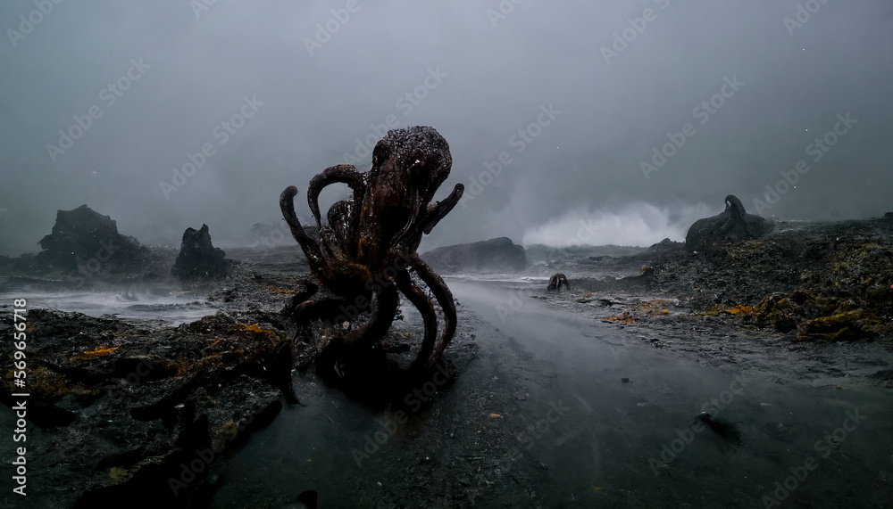 Horror, sea shore with giant octopus, fantasy image, nightmare, sunset ...