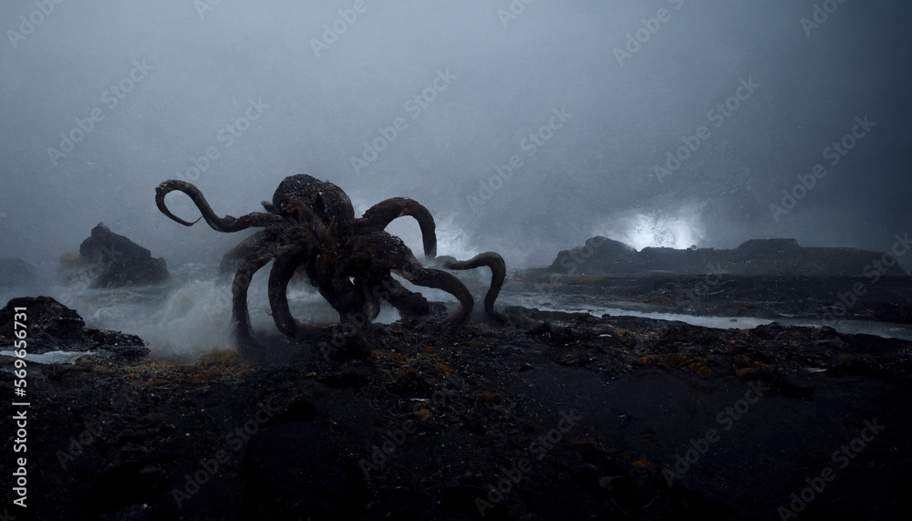 Horror, sea shore with giant octopus, fantasy image, nightmare, sunset ...