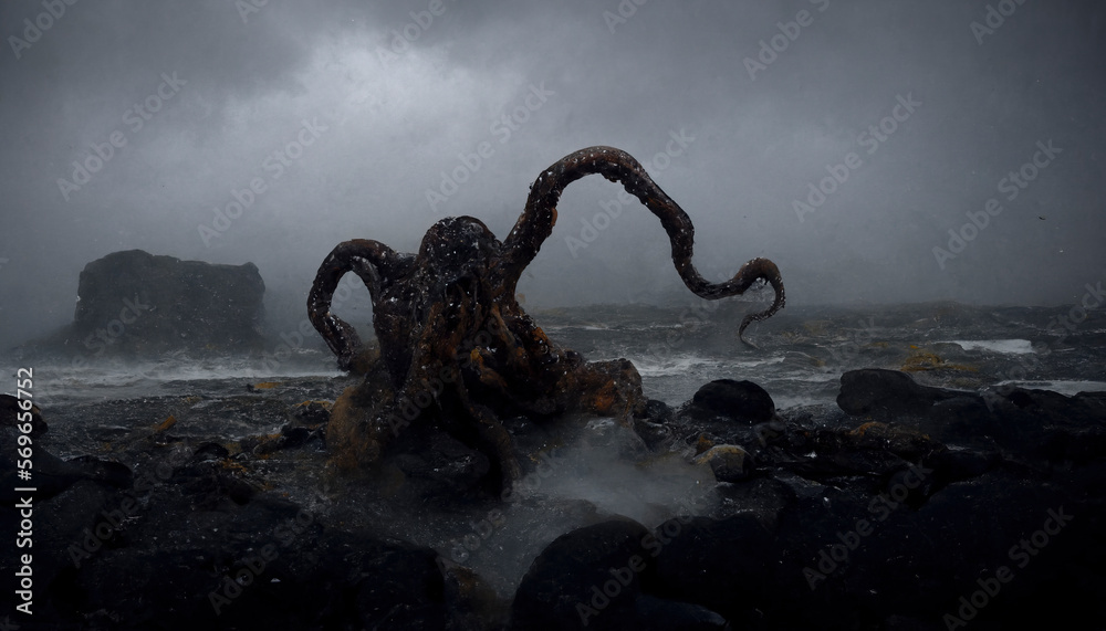 Horror, sea shore with giant octopus, fantasy image, nightmare, sunset ...