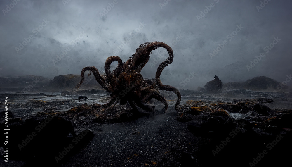 Horror, sea shore with giant octopus, fantasy image, nightmare, sunset ...