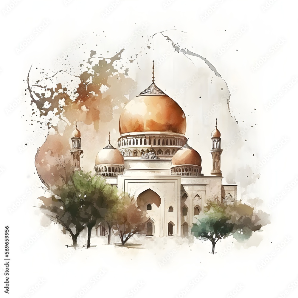 Realistic mosque drawing in watercolor style on white background ...