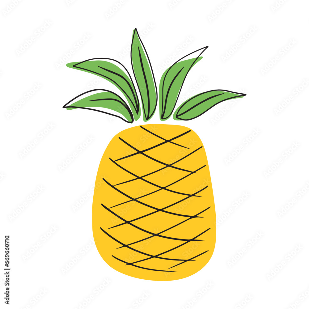 Bright tasty flat cartoon pineapple in simple doodle style with black ...