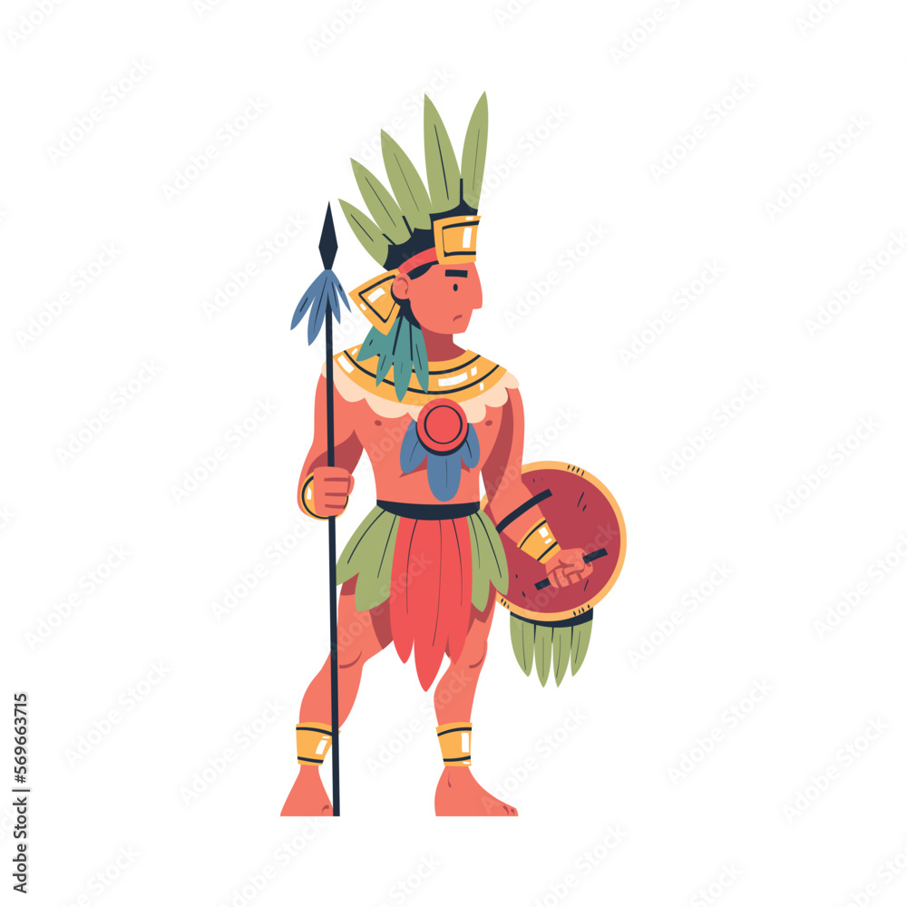 Maya male warrior in traditional costume and feather headdress standing ...
