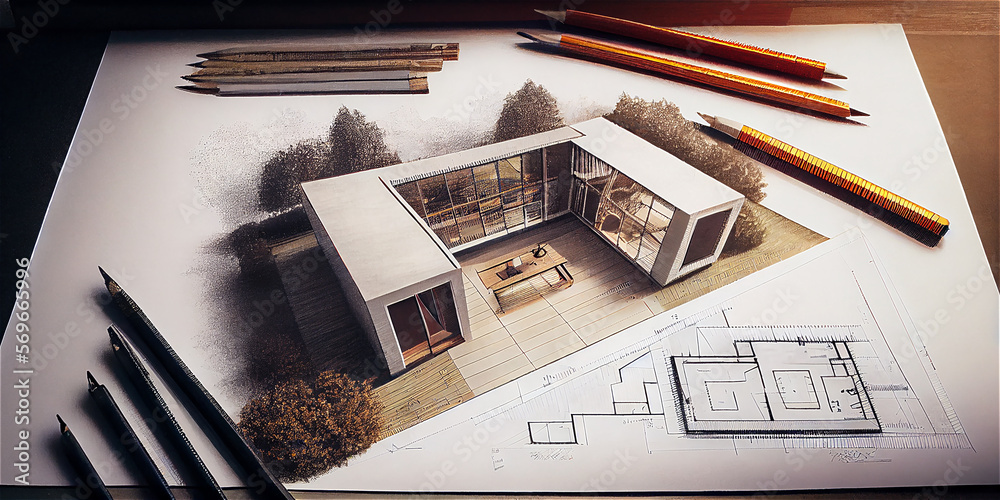 Architecture background with blueprints and a modern building mockup ...