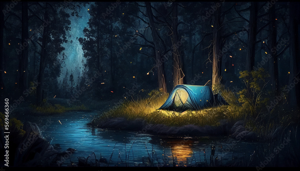 camping beside a small swamp, tranquil night in the forest, milky way ...