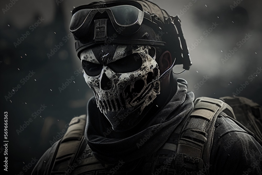 Ghost Skull-Masked Special Forces Soldier in Black Tactical Gear ...