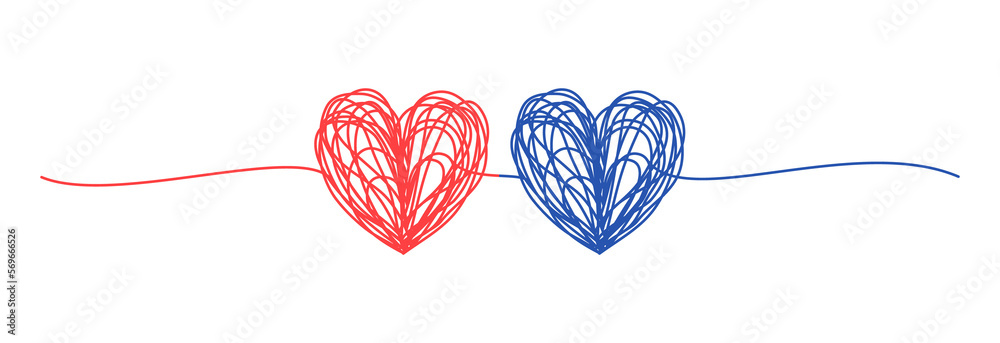 Two hearts doodle hand drawn with thin line. Blue and red hearts ...